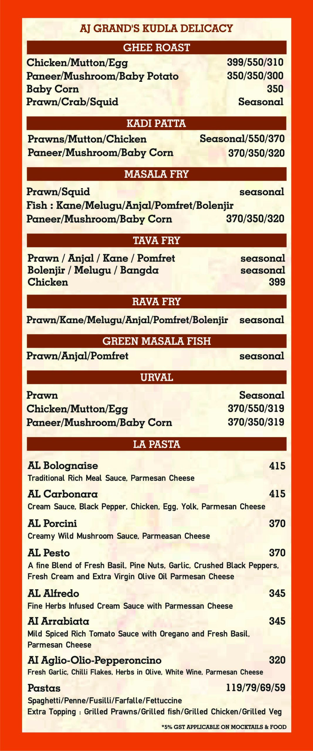 MIXX The Lounge Bar Food Menu - AJ Grand Hotel
